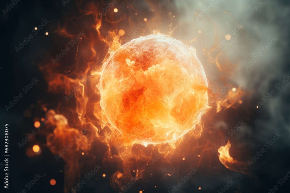 a close up of a ball of fire in the middle of a dark sky with clouds of ...