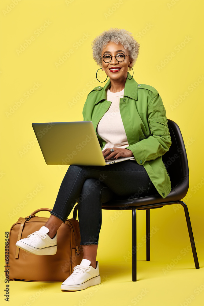 Elderly African American IT woman 50s years old wearing in jacket, sit ...