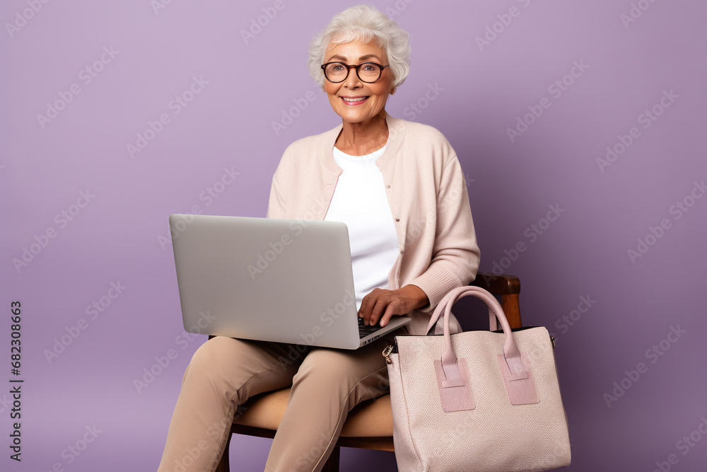Elderly IT African American woman 50s years old wearing in jacket, sit ...