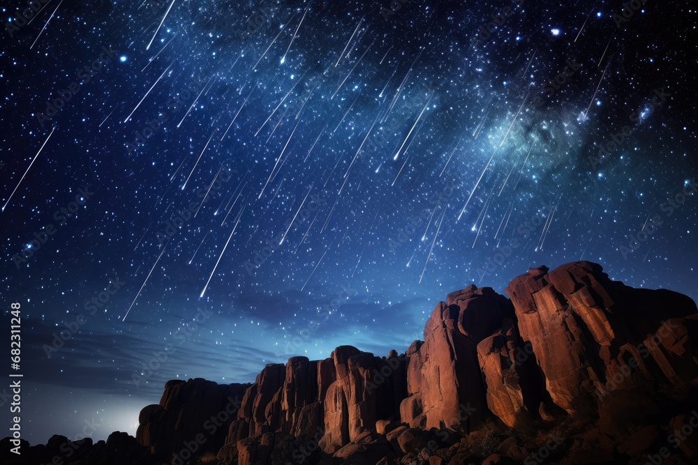 Beautiful Meteor shower in the dark sky at night background, Shiny of ...