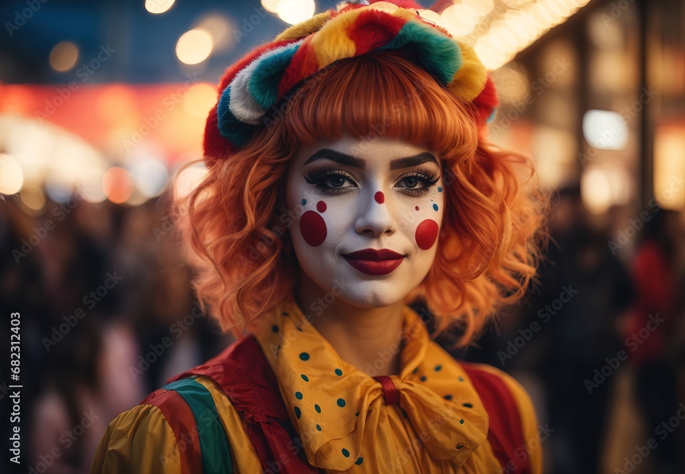 Women wearing clown costume and makeup, blurred crowd of people ...