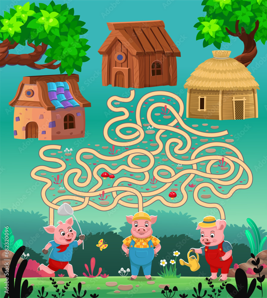 Fun game labyrinth, maze from the fairy tale The Three Little Pigs ...