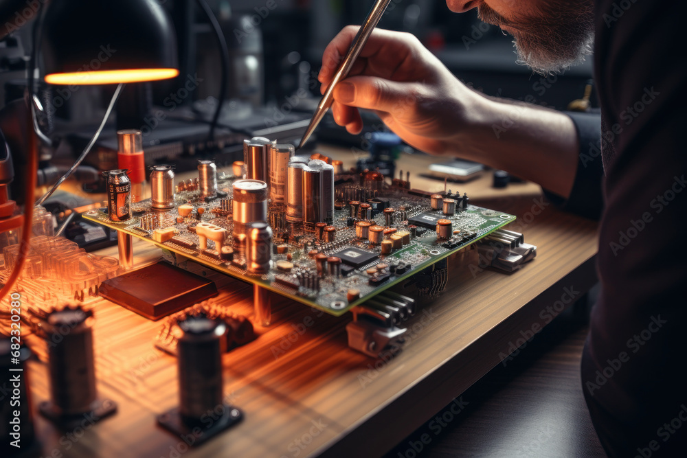 A person assembling an electrical circuit on a breadboard, representing ...