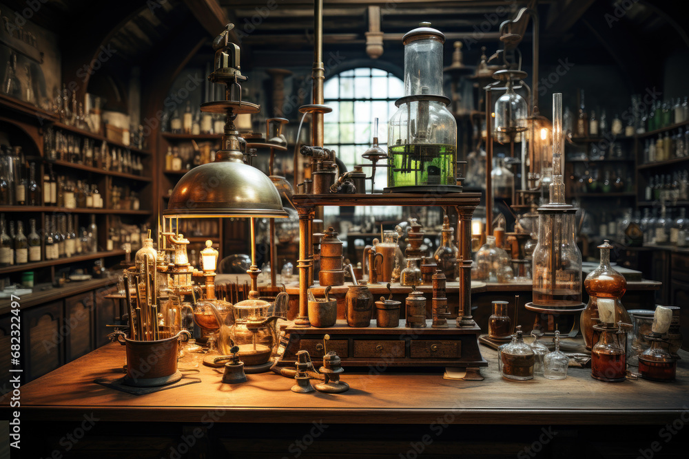 A scientific laboratory with equipment from the 18th century, focusing ...