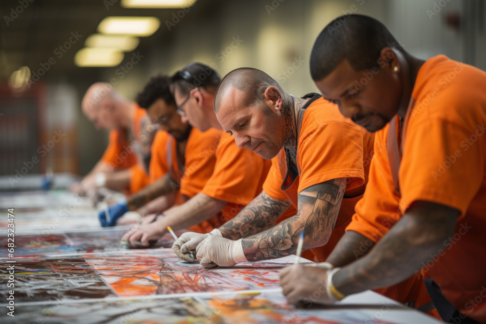 Inmates collaborating on a mural that covers the prison courtyard walls ...