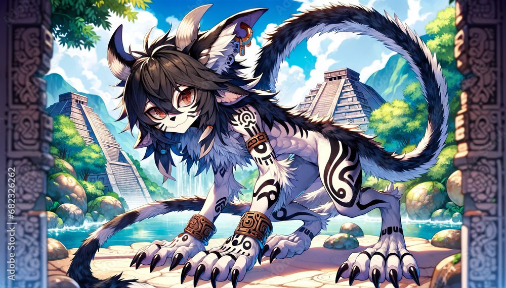 The anime-style illustration of Ahuizotl, the Aztec dog-monkey creature ...