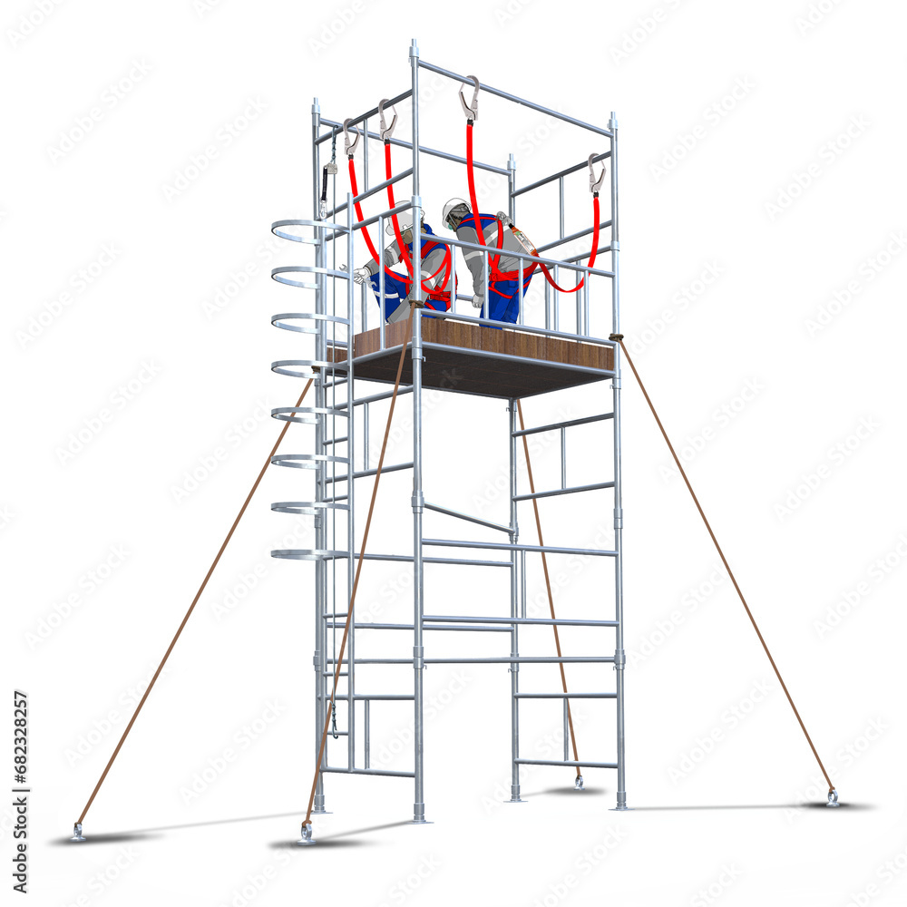 Andaime com trabalhadores utilizando EPIS de segurança no trabalho em ...