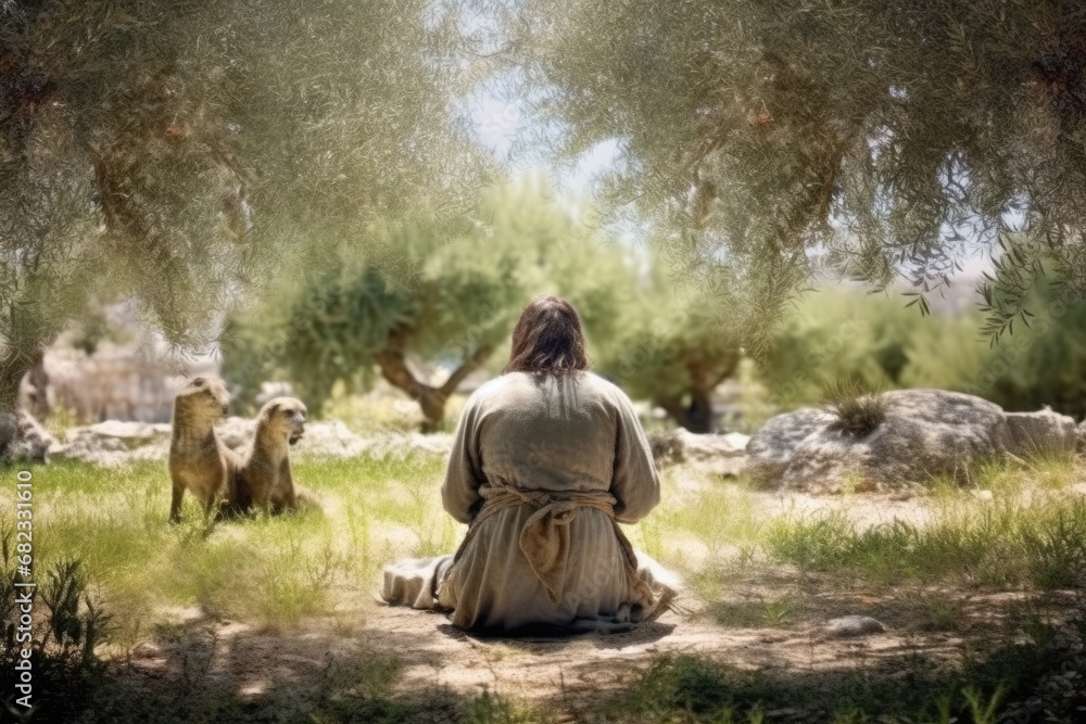 Jesus in agony praying in Gethsemane garden of olives before his ...