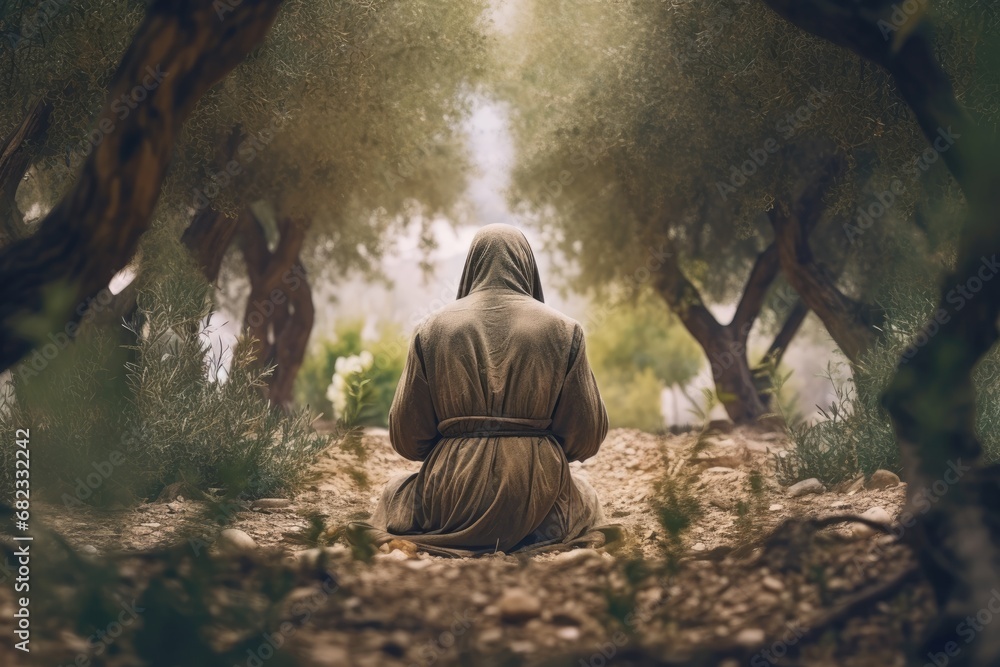 Jesus in agony praying in Gethsemane garden of olives before his ...