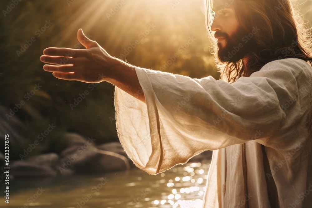 Jesus Christ near river reaching out his hand against bright background ...