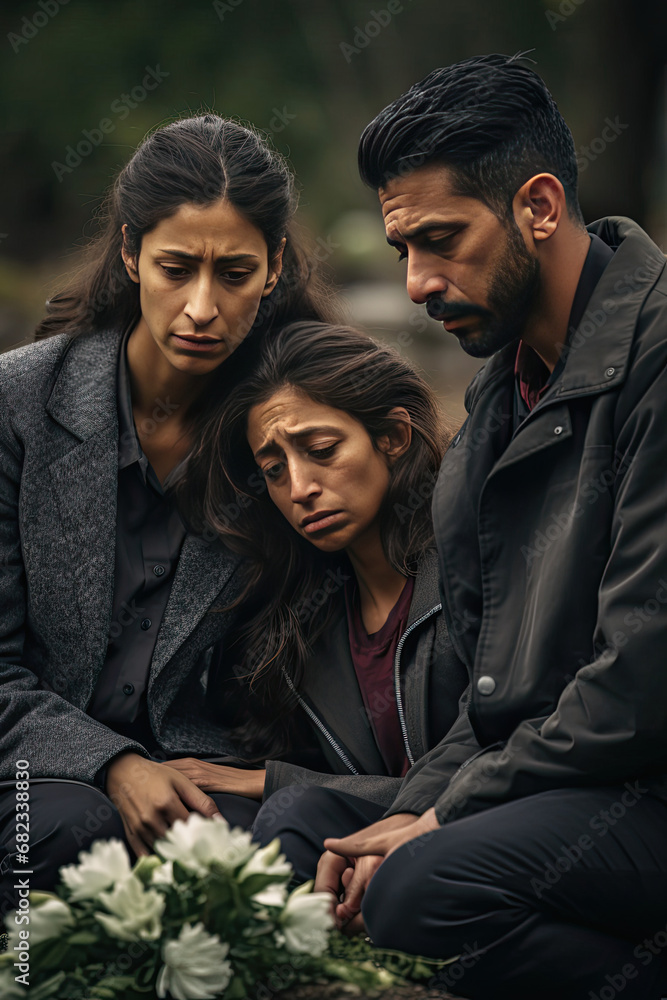 Grieving Asian family comforting each other in time of loss closeup ...