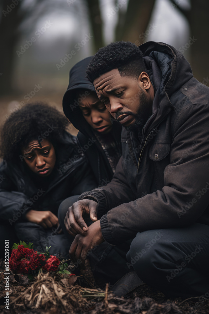 Grieving family showing love and support at an outdoor memorial with ...