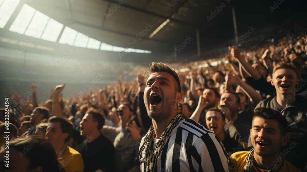 Crowd of sports fans cheering during a match in stadium. Excited people ...
