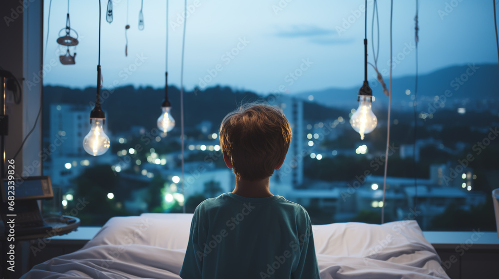 Back view of kid patient sitting on hospital bed looking out of window ...