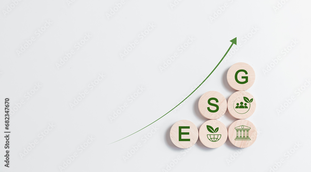 ESG environmental, social and governance. ESG icons on circle wood ...