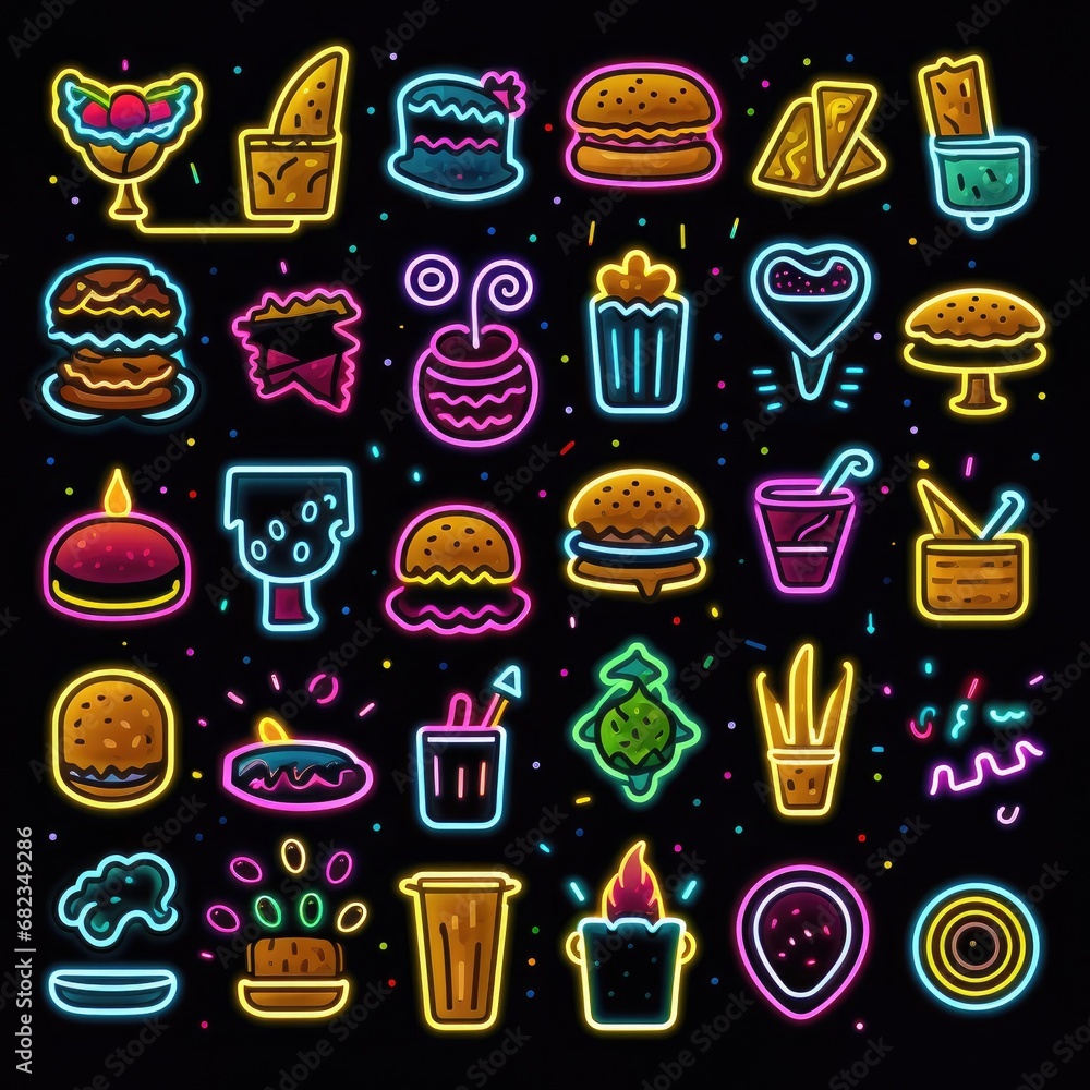 Cafe neon signs. Food and drink glowing light billboards. food Burger ...