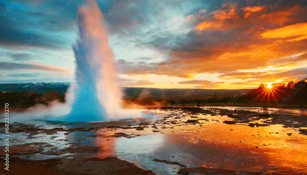 stunning eruption of strokkur geysir in iceland during sunset strokkur ...