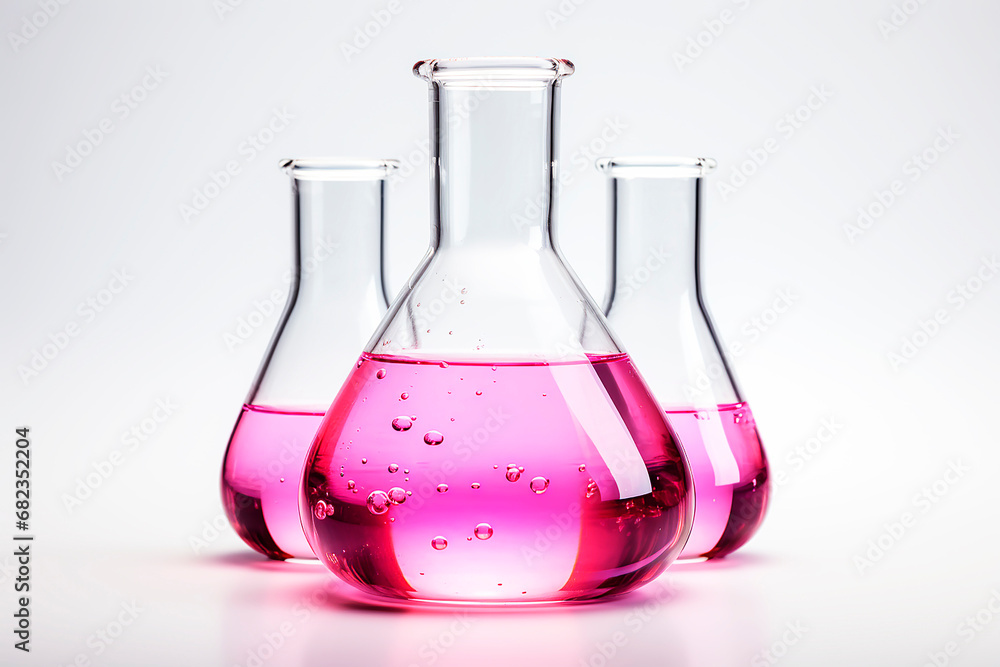 White background, round bottom distillation flasks, pink liquid, glass ...