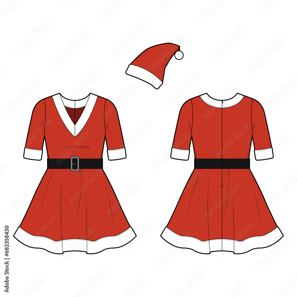 Technical Flat sketch of Santa Claus christmas costume dress. Vector ...