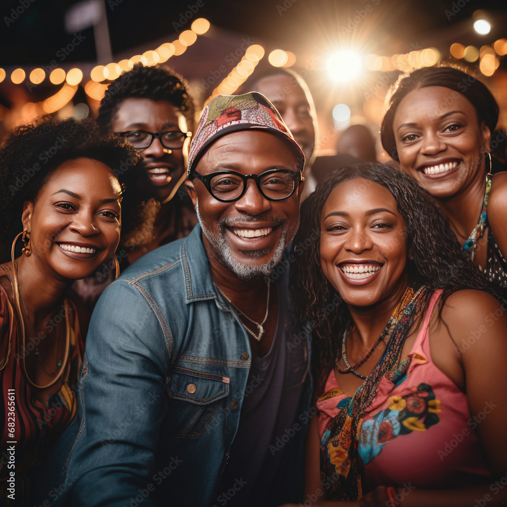 Group of happy Black friends celebrating together at a vibrant ...