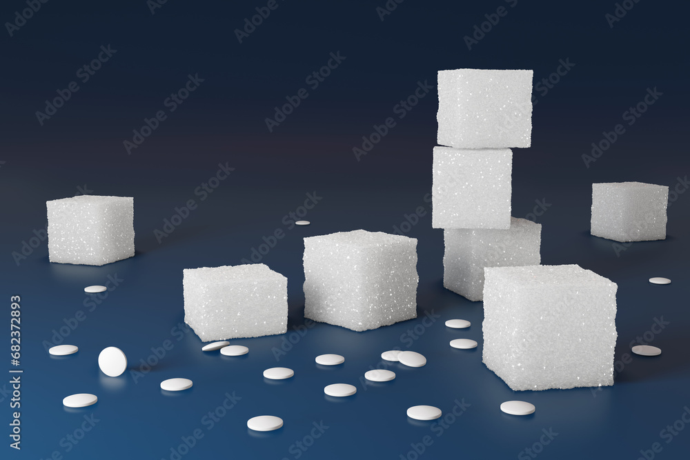 Heap of white sugar cubes and pills on blue background. Illustration of ...