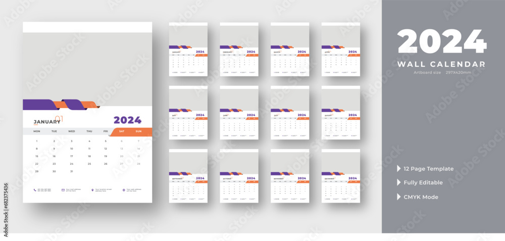 Wall calendar 2024 planner template, corporate wall calendar schedule ...