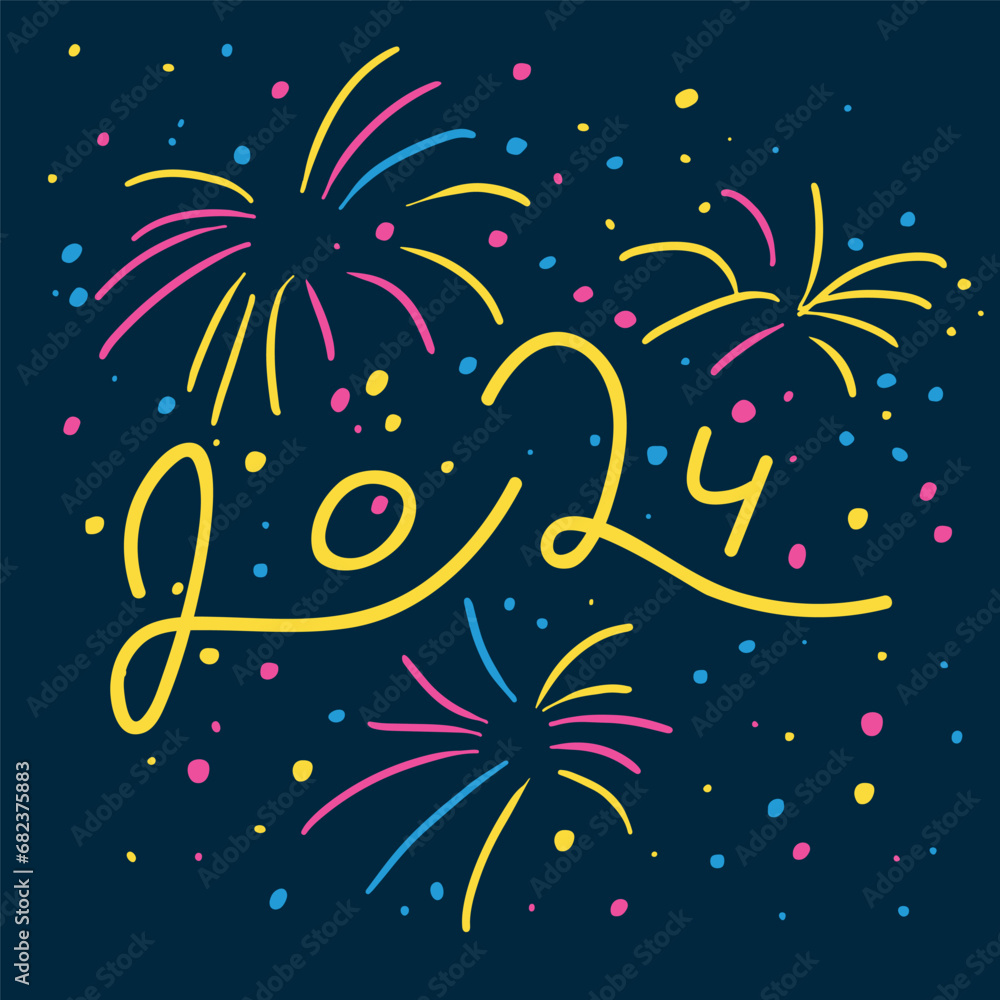 Festive fireworks in the night sky. Calligraphy of numbers 2024. New ...