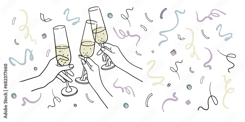 Continuous line yellow champagne cheers one line art, continuous ...