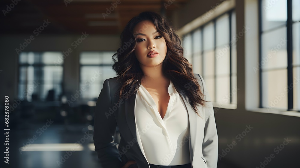 Plus size beautiful business woman model in a suit, in the office ...