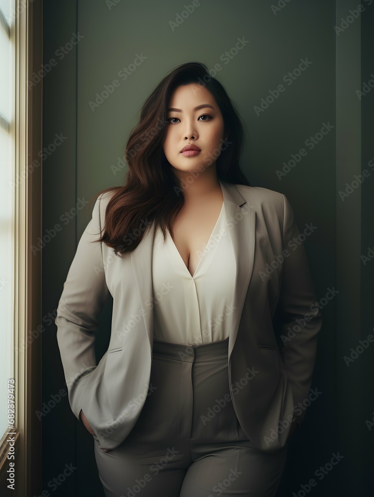 Plus size beautiful business woman model in a suit, in office Stock ...