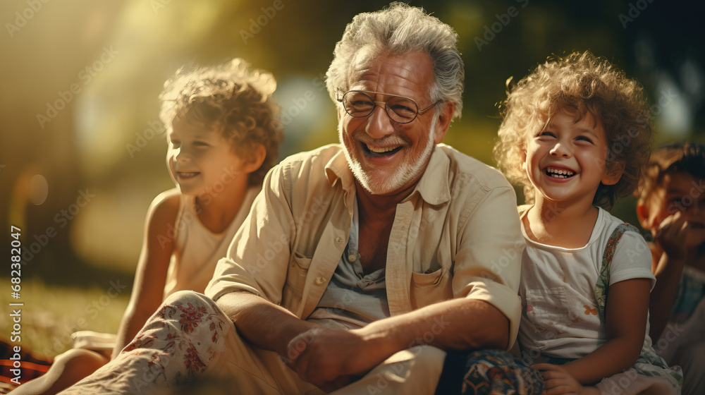 Grandpa playing with kids active lifestyle in the park. Concept of ...