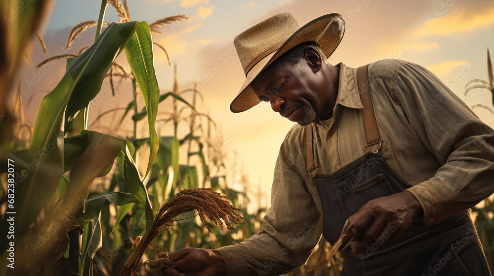 African american farmer tending to crops corn. Concept of African ...