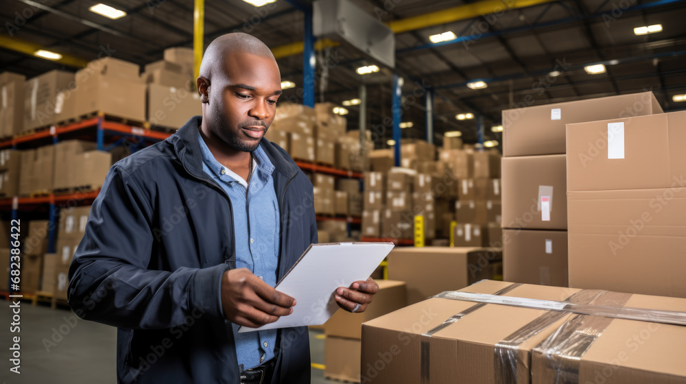 Warehouse worker writing on a clipboard with a backdrop of stacked ...