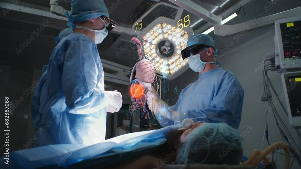 Surgeons operate patient in hospital surgery room wearing AR headsets. 3D rendering of virtual ...