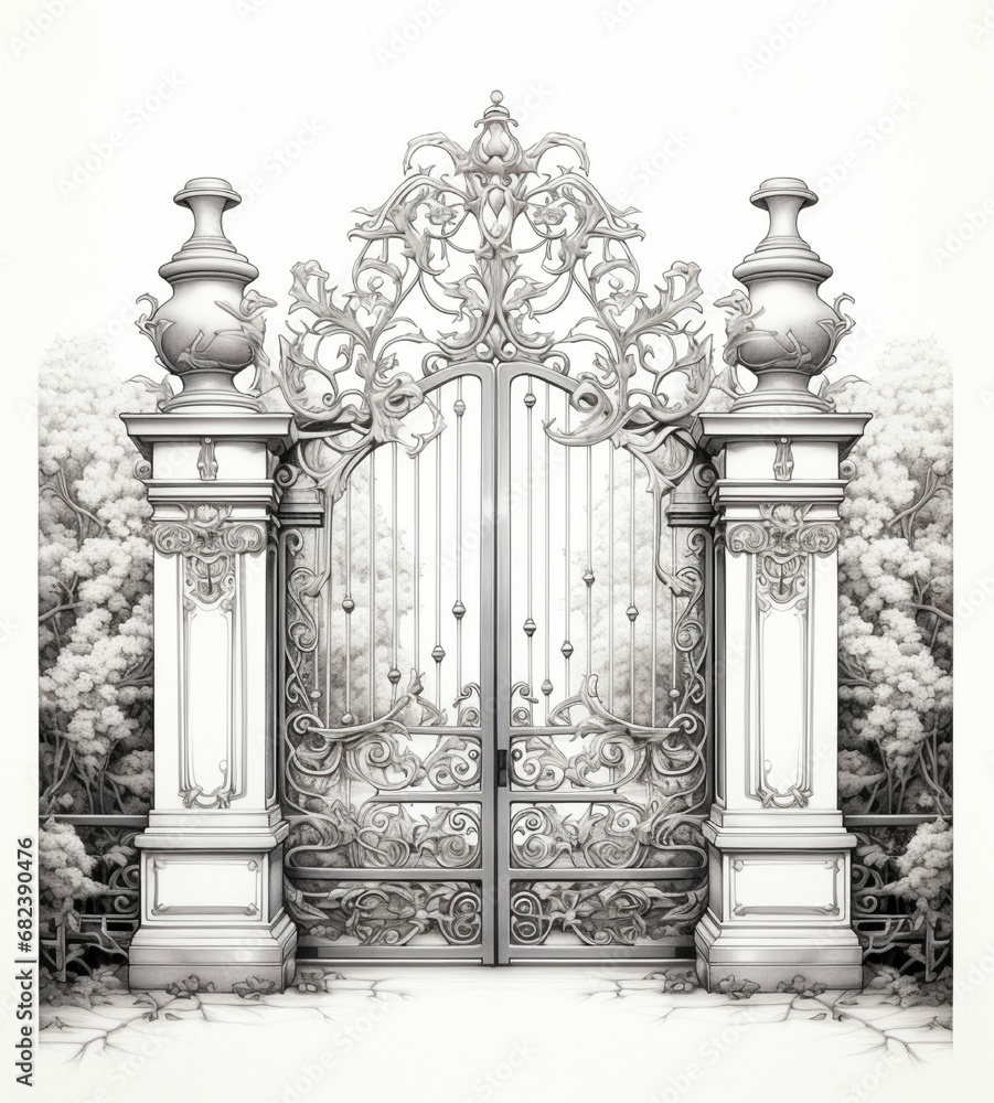 ornate metal gate, drawing of a gate in a garden, a detailed drawing ...