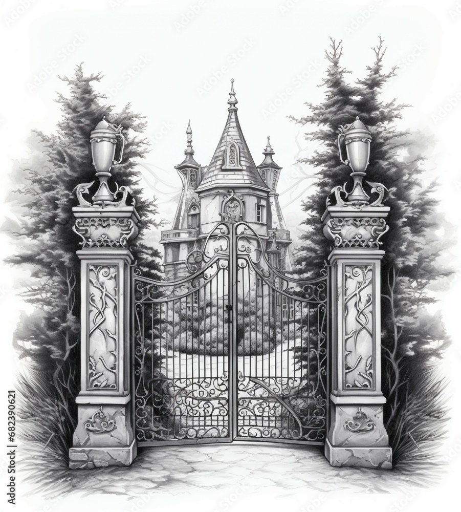 ornate metal gate, drawing of a gate in a garden, a detailed drawing ...