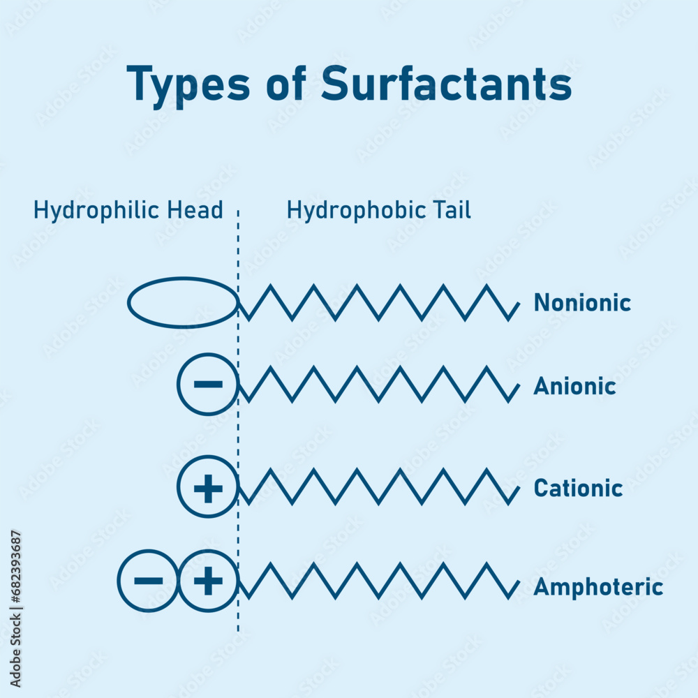 types of surfactants. Head and tail of hydrophilic. Nonionic, anionic ...