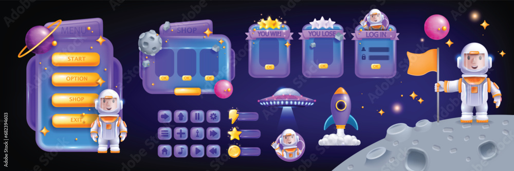 Space game UI set, vector 3D cartoon interface icon kit, galaxy user ...
