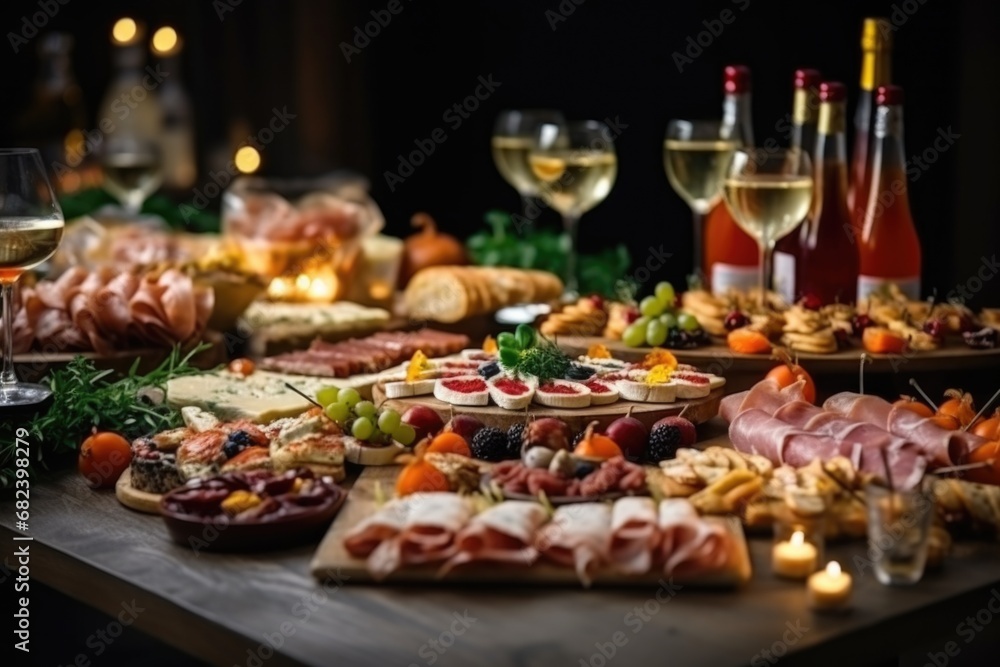 Light snacks in a plate on a buffet table. Assorted mini canapes ...