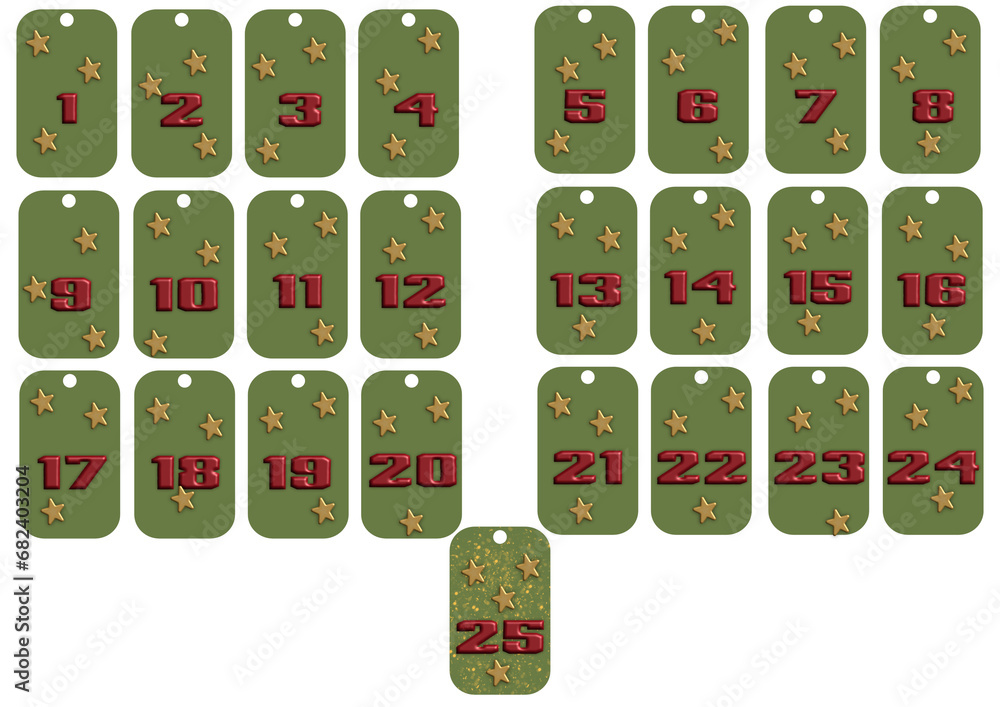 25 Christmas advent calendar labels - green colour, size 3x5 mm ...