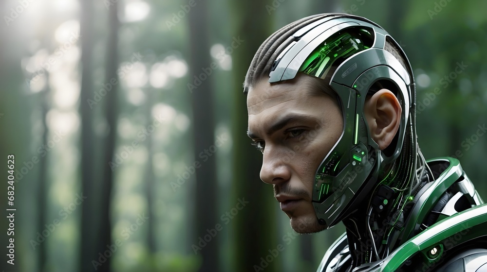 Handsome human cyborg hybrid and green forest background, futuristic ...