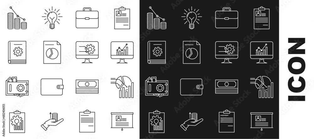 Set line Board with resume, Pie chart infographic, Computer monitor ...