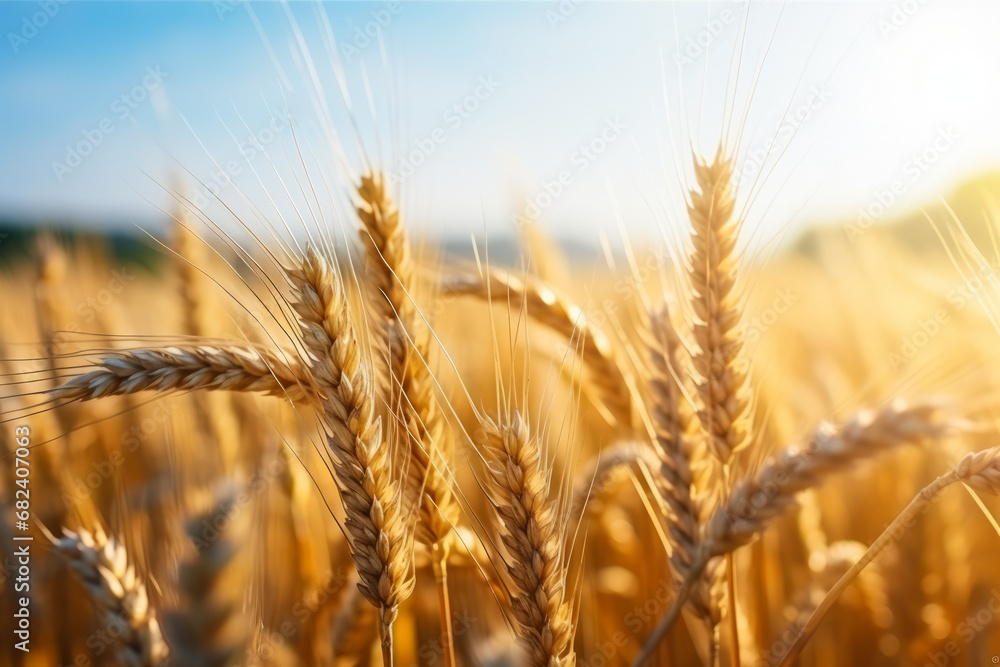 Golden wheat ready for harvest growing in a farm field under blue sky ...