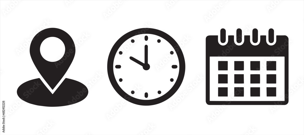 Address. time, and date icon vector. Clock, pin map location, and calendar sign symbol. Event ...