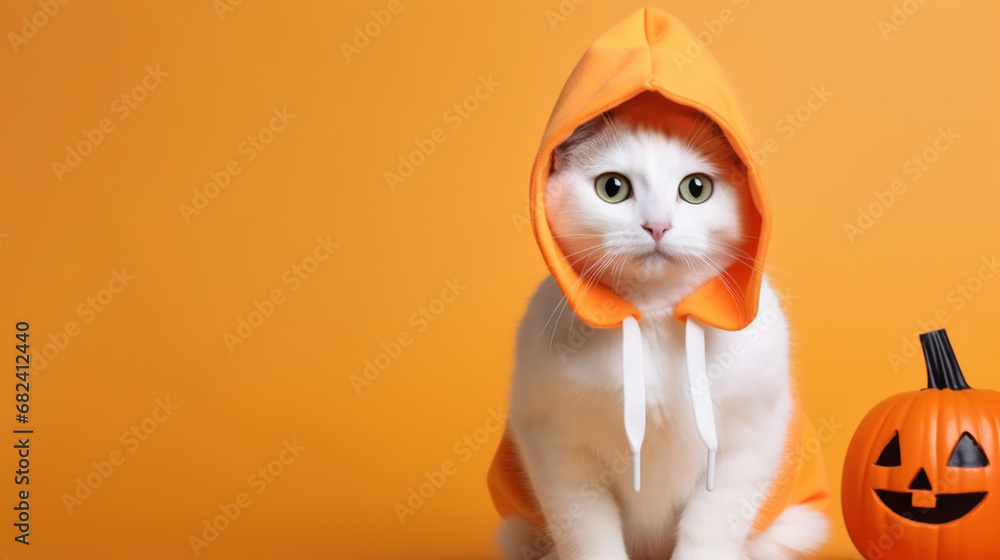 Halloween cat in a ghost costume on dark gray background. Funny cat in ...