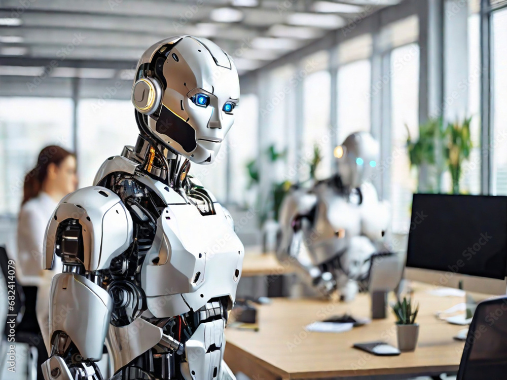 A modern robot works in a bright office with other employees, the ...