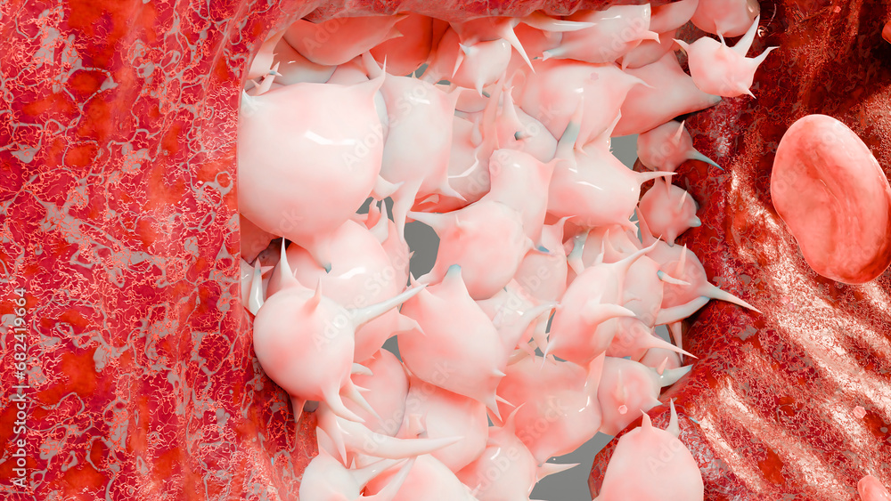 Hemostasis. Red blood cells and platelets in the blood vessel ...