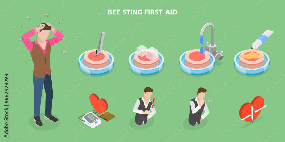 3D Isometric Flat Vector Illustration of Bee Sting First Aid ...