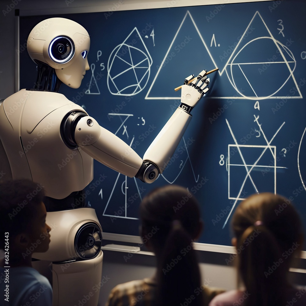 Humanoid education robot teaching pupils in a school classroom ...