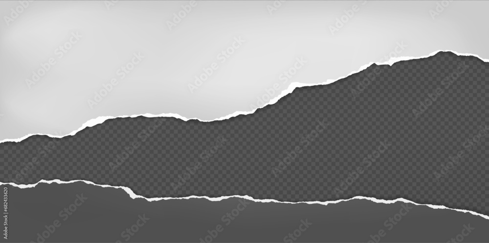 Torn, ripped black and white paper strips with soft shadow are on dark ...